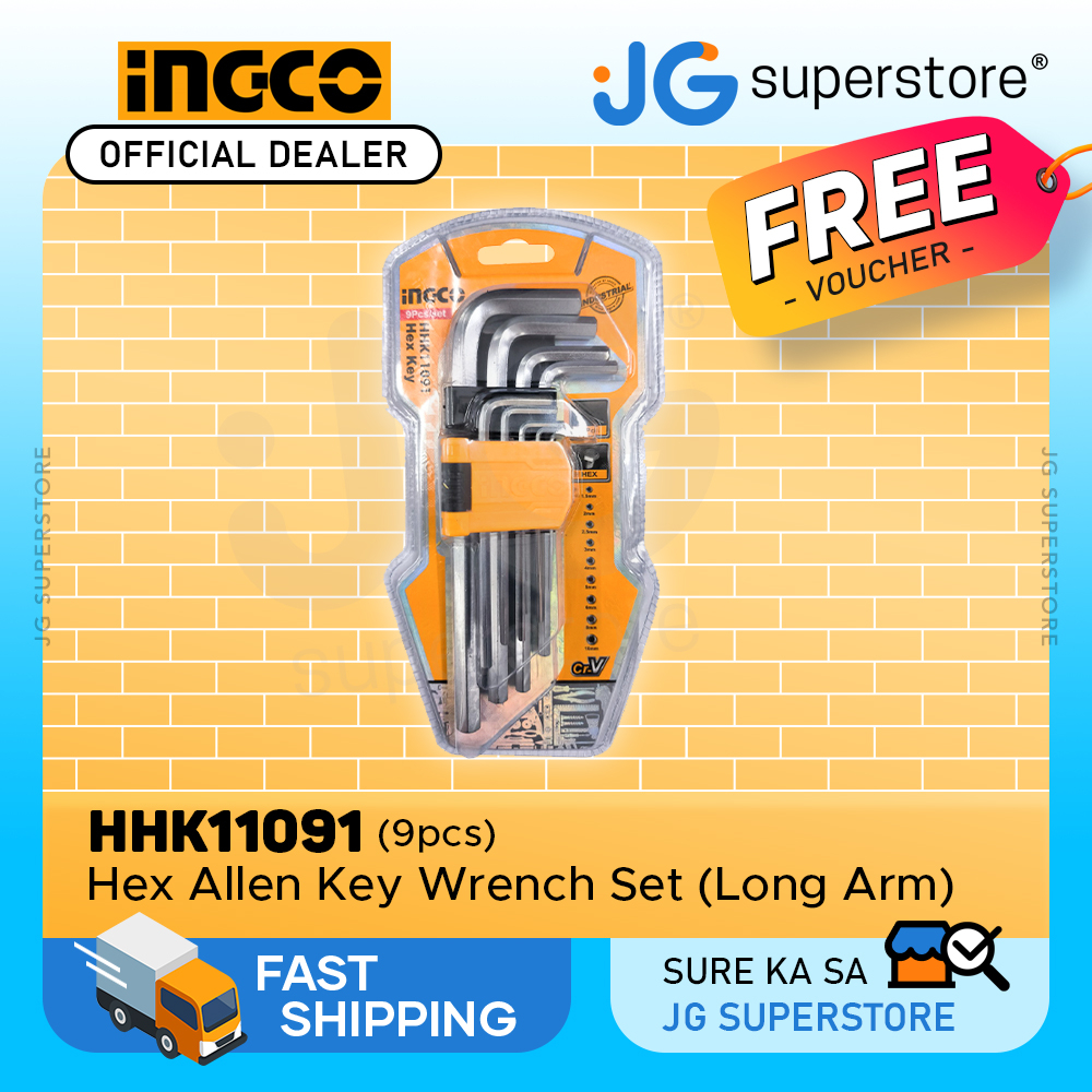 INGCO Hex Allen Key Wrench Set (Long Arm) (9pcs) Cr-V Material for Heat ...