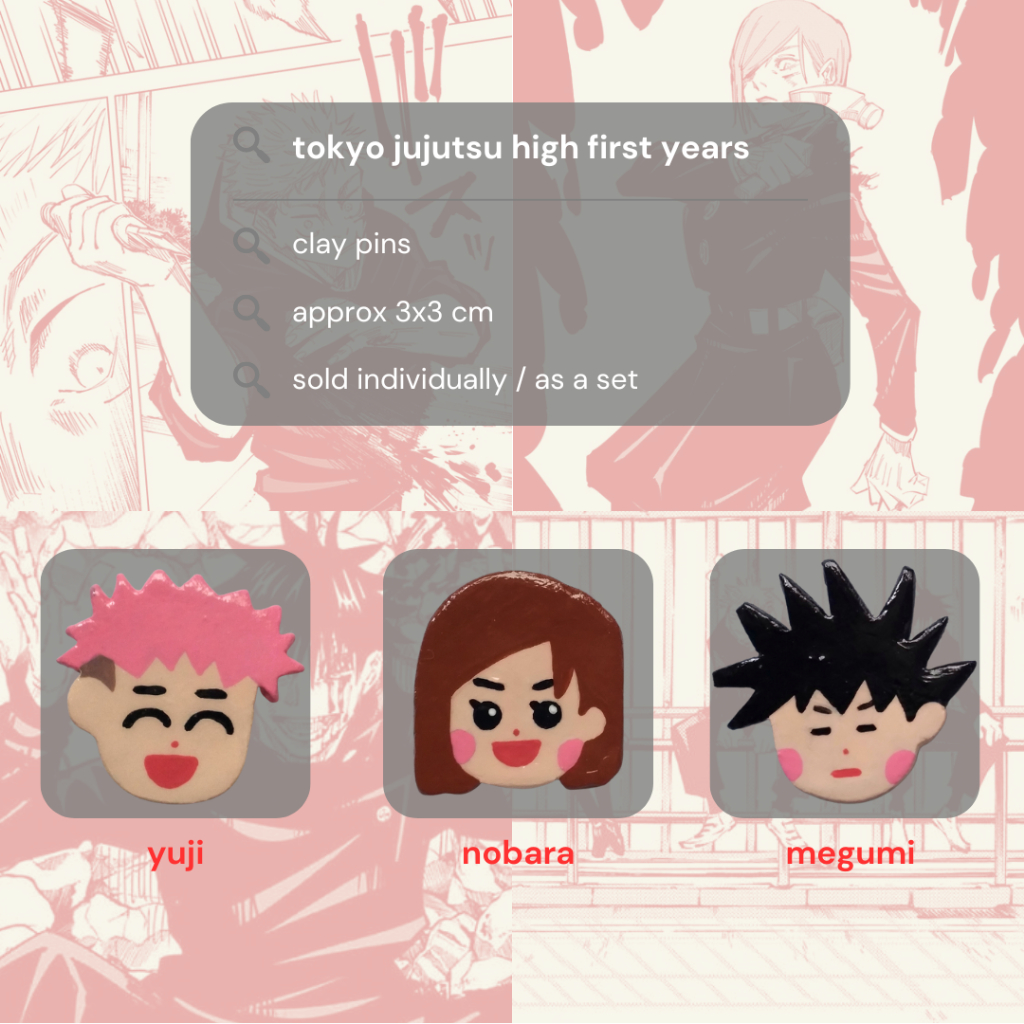 jujutsu kaisen first years handmade clay pins (yuji, megumi, nobara ...