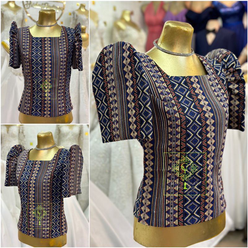 Modern Filipiniana top Ethnic inabel fabric woven blue | Shopee Malaysia