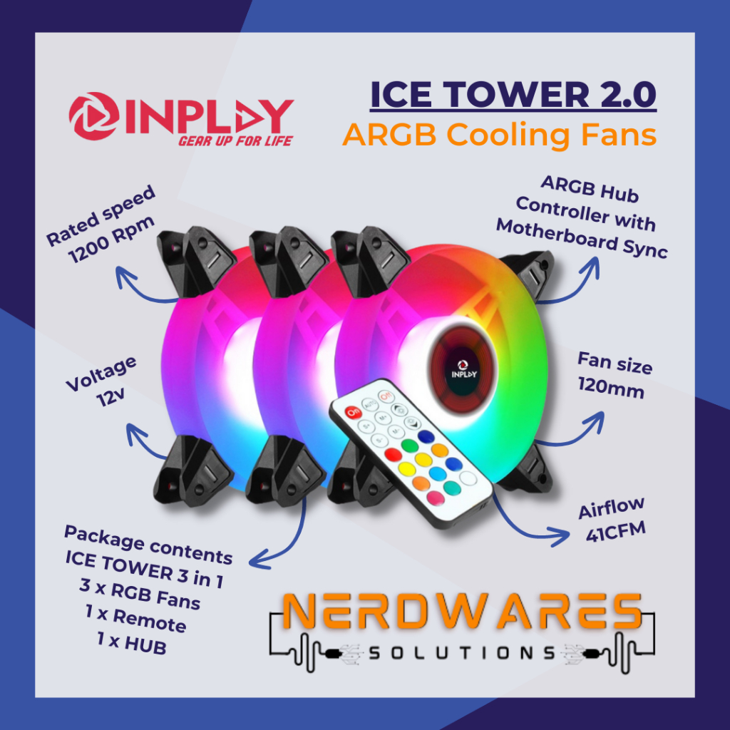Inplay Ice Tower V2.0 ARGB Fan 3 In One Kit with Fan Hub and Remote ...