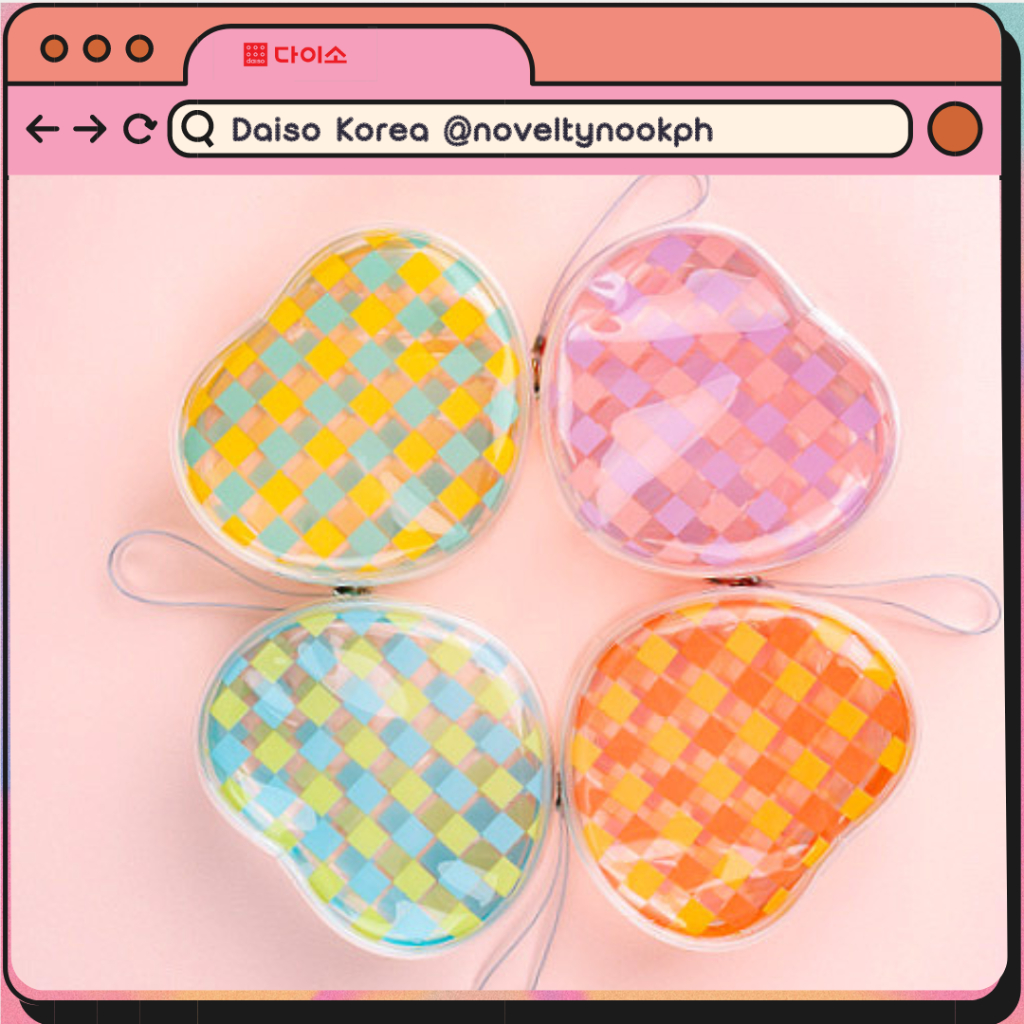 Daiso Korea Heart Shape Checkered PVC Clear Pouch Small Coin Purse ...