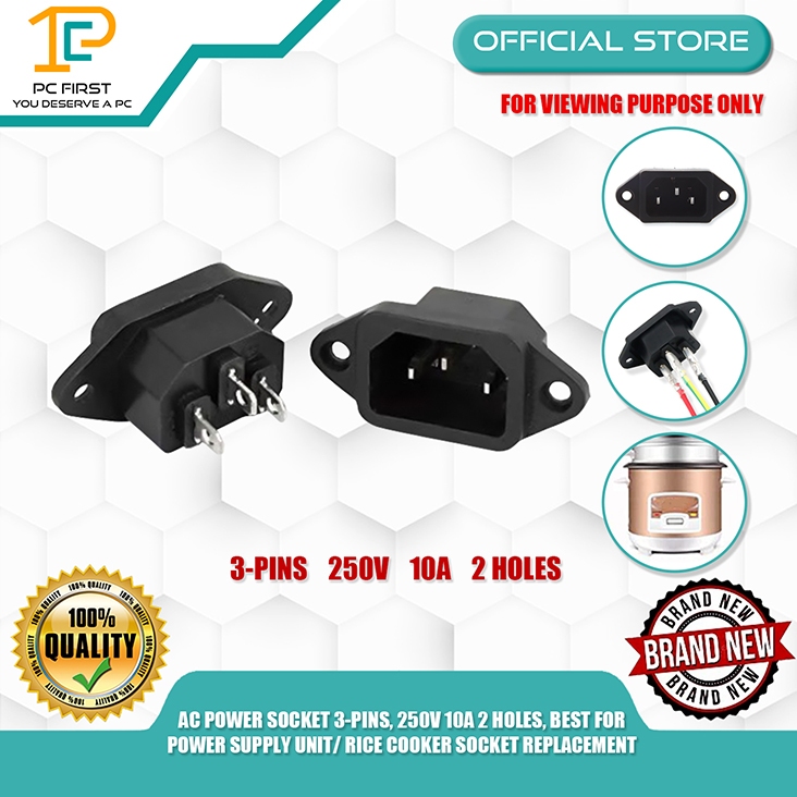 AC POWER SOCKET 3-PINS, 250V 10A 2 HOLES, BEST FOR POWER SUPPLY UNIT ...