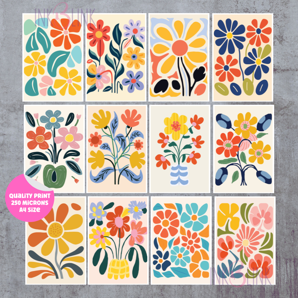 Vintage Retro Flowers Laminated Poster Wall Art Décor Set 1 (A4 size ...
