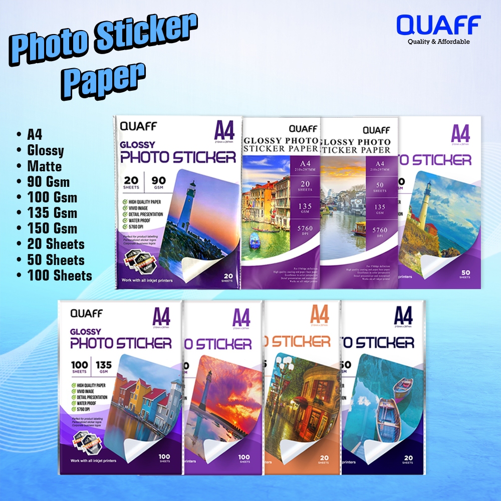 Quaff Glossy/Matte Photo Sticker A4 Size Inkjet Paper 90gsm & 135gsm ...