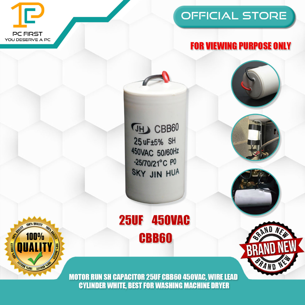 MOTOR RUN SH CAPACITOR 25UF CBB60 450VAC, WIRE LEAD CYLINDER WHITE ...