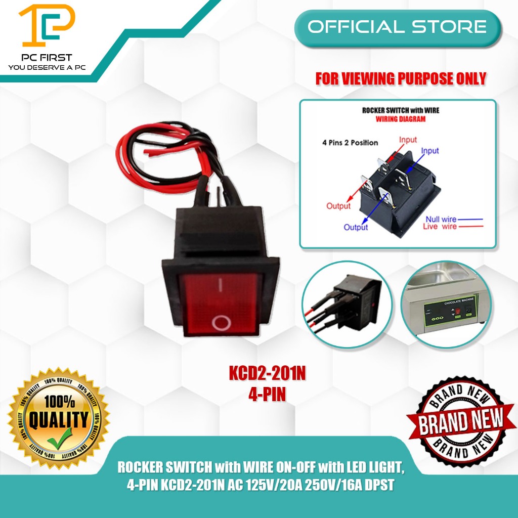 PC FIRST ROCKER SWITCH with WIRE ON-OFF with LED LIGHT, 4-PIN KCD2-201N ...