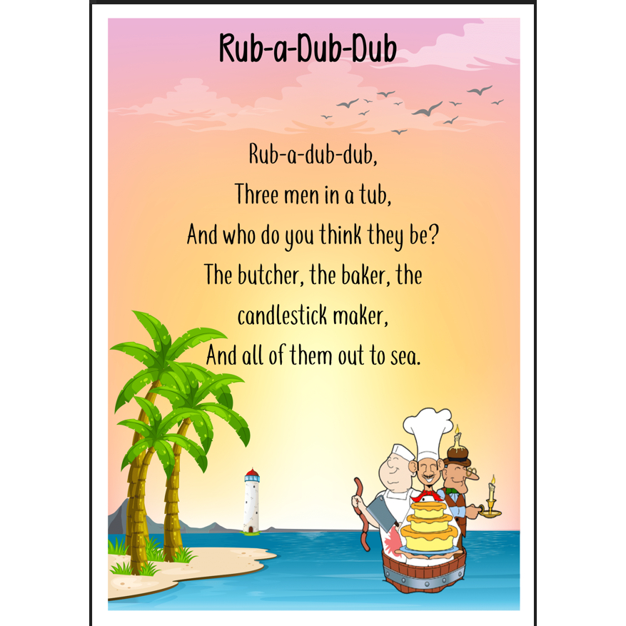 Rub-a-Dub-Dub Chart Nursery Rhymes A4 Laminated High Print Quality ...