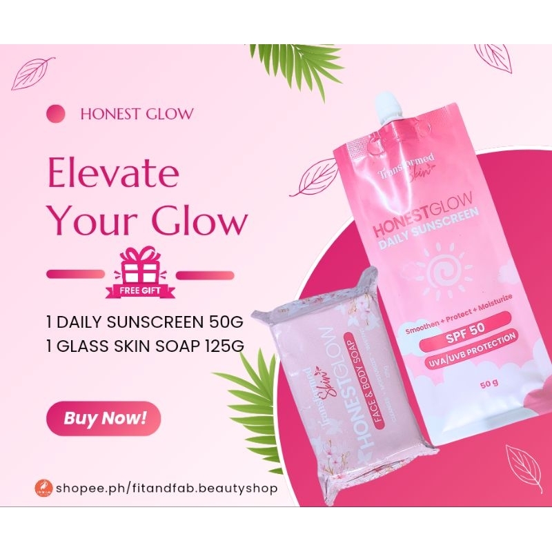 HONEST GLOW DAILY SUNSCREEN 50G SPF 50 + 2PCS GLASS SKIN SOAP WITH ...