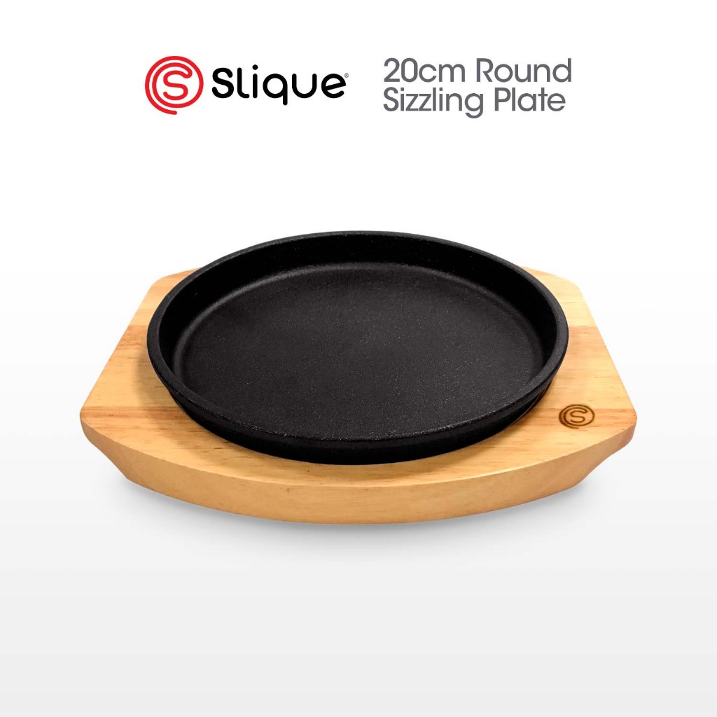 SLIQUE Cast Iron Round Sizzling Plates w/ Rubber Wood Base 20cm ...