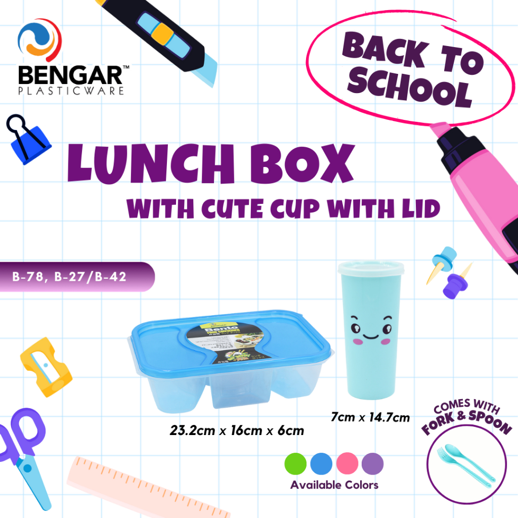 BENGAR PLASTICWARE Lunch Box with Cute Cup with Lid 5 Compartment Bento ...