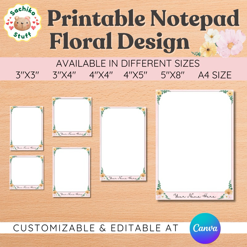 PERSONALIZE PRINTABLE EDITABLE NOTEPAD FLORAL DESIGN CANVA TEMPLATE ...