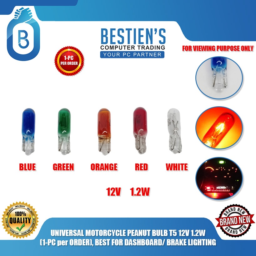 UNIVERSAL MOTORCYCLE PEANUT BULB T5 12V 1.2W (1-PC per ORDER), BEST FOR DASHBOARD/ BRAKE ...