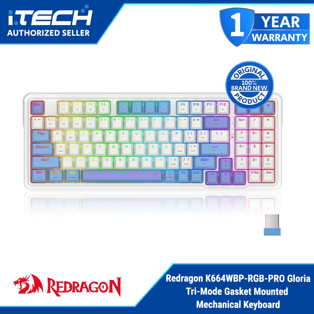 Redragon K664WBP-RGB-PRO Gloria Pro Tri-Mode Gasket Mounted Mechanical ...