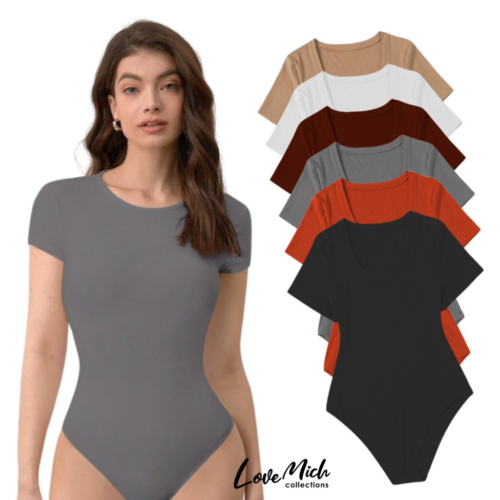 Women Bodysuit Rib Knit Shortsleeve Top One piece with Snap Button Plus ...