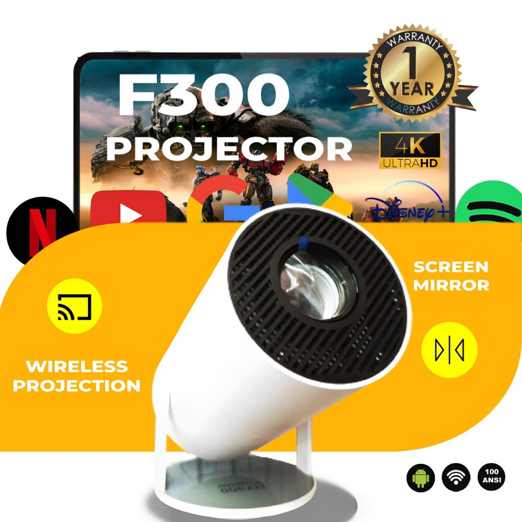 F300 Mini Portable Projector 4K Ultra HD WiFi and Bluetooth Office Home ...