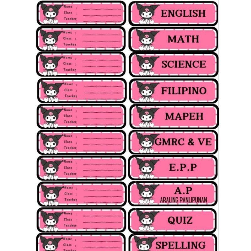 KUROMI 10 SUBJECT LABEL WITH 10 NAME LABEL+ LAMINATED NAME TAG WITH ...