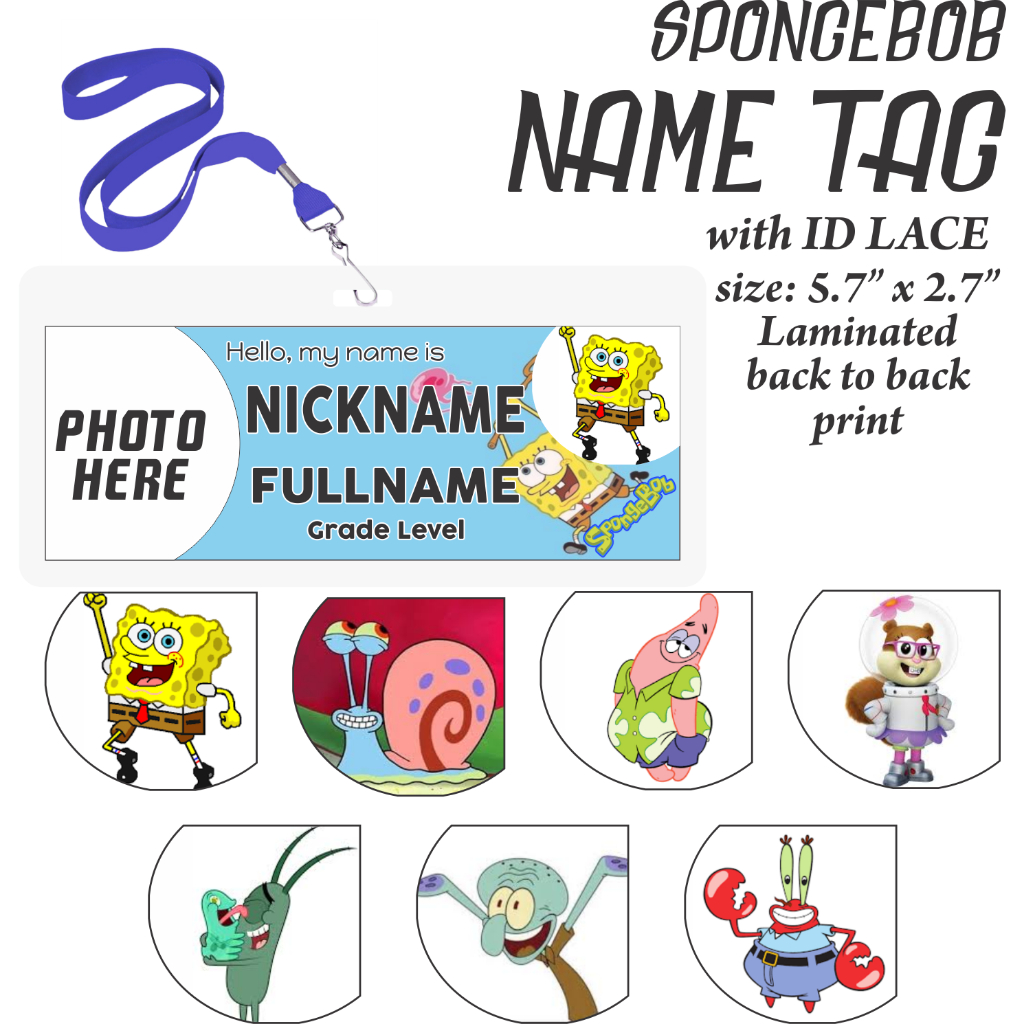 SPONGEBOB Personalized Back-to-Back Laminated Name Tag with ID Lace ...