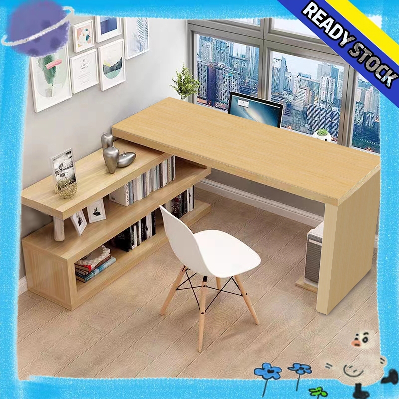 High quality L-shaped Computer Table Study Desk with rotating bookshelf ...