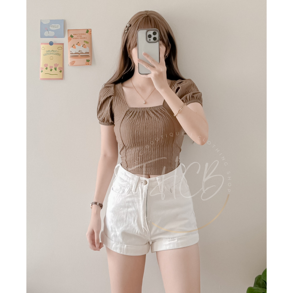 [THCB] Khloe Bark Crepe FITTED Trendy and Chic Squareneck Crop Top ...