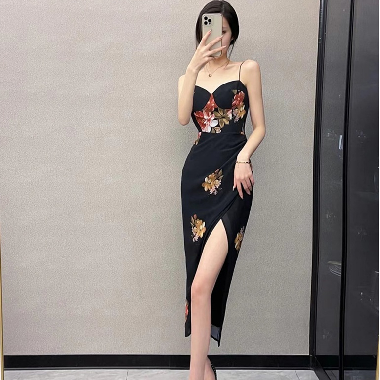 korean plus size elegant sexy long floral fitted black dress for woman ...