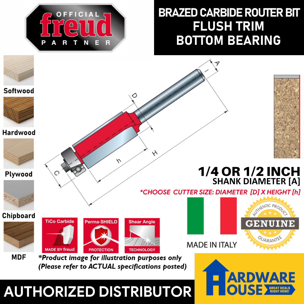 FREUD Carbide Router Bit 1/4" OR 1/2" Flush Trim Shear Angle Wood ...