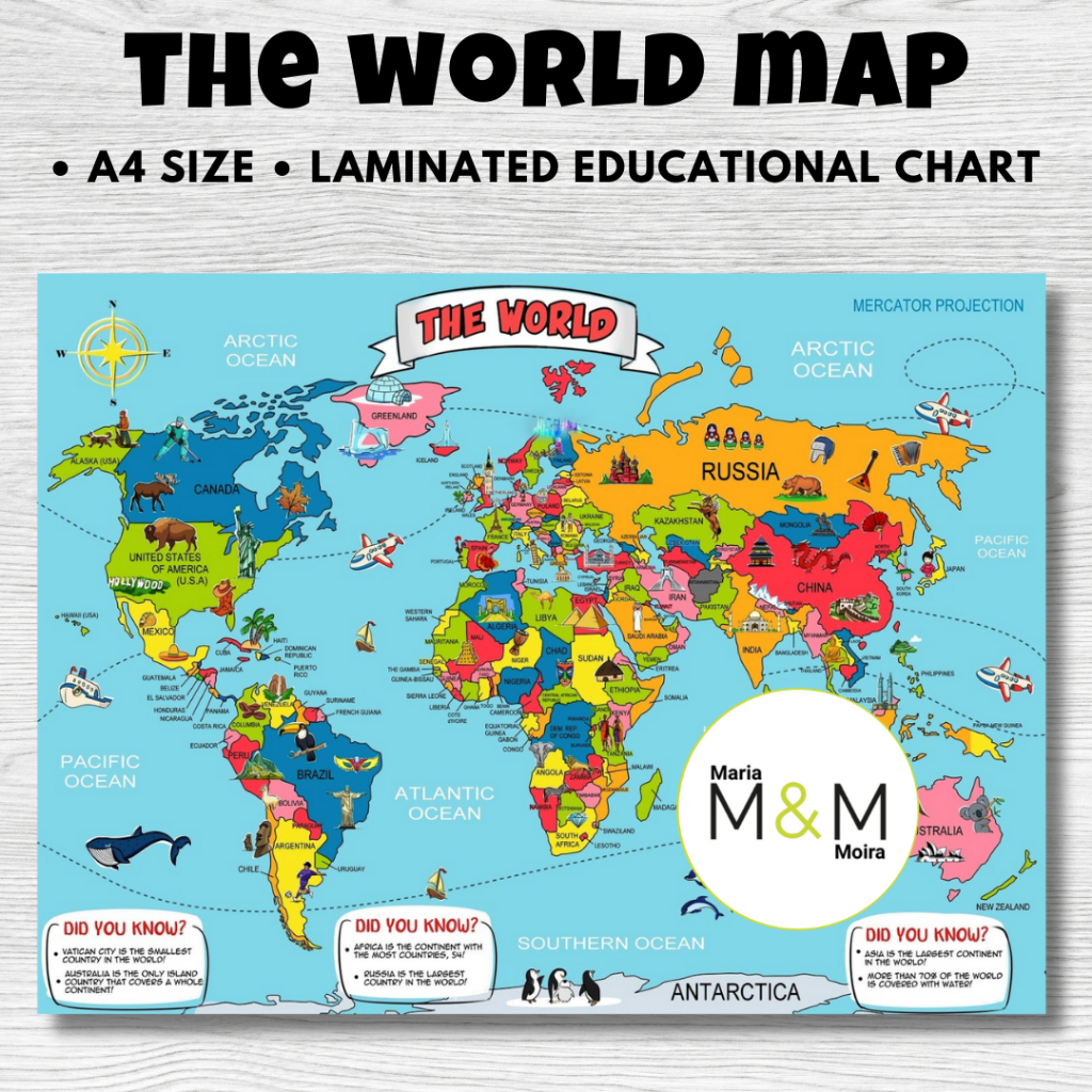 Laminated World Map Charts | A4 Size | Educational Laminated The World ...