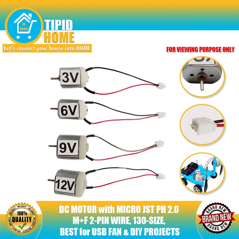 TIPID HOME DC MOTOR with MICRO JST PH 2.0 M+F 2-PIN WIRE, 130-SIZE, BEST for USB FAN & DIY ...