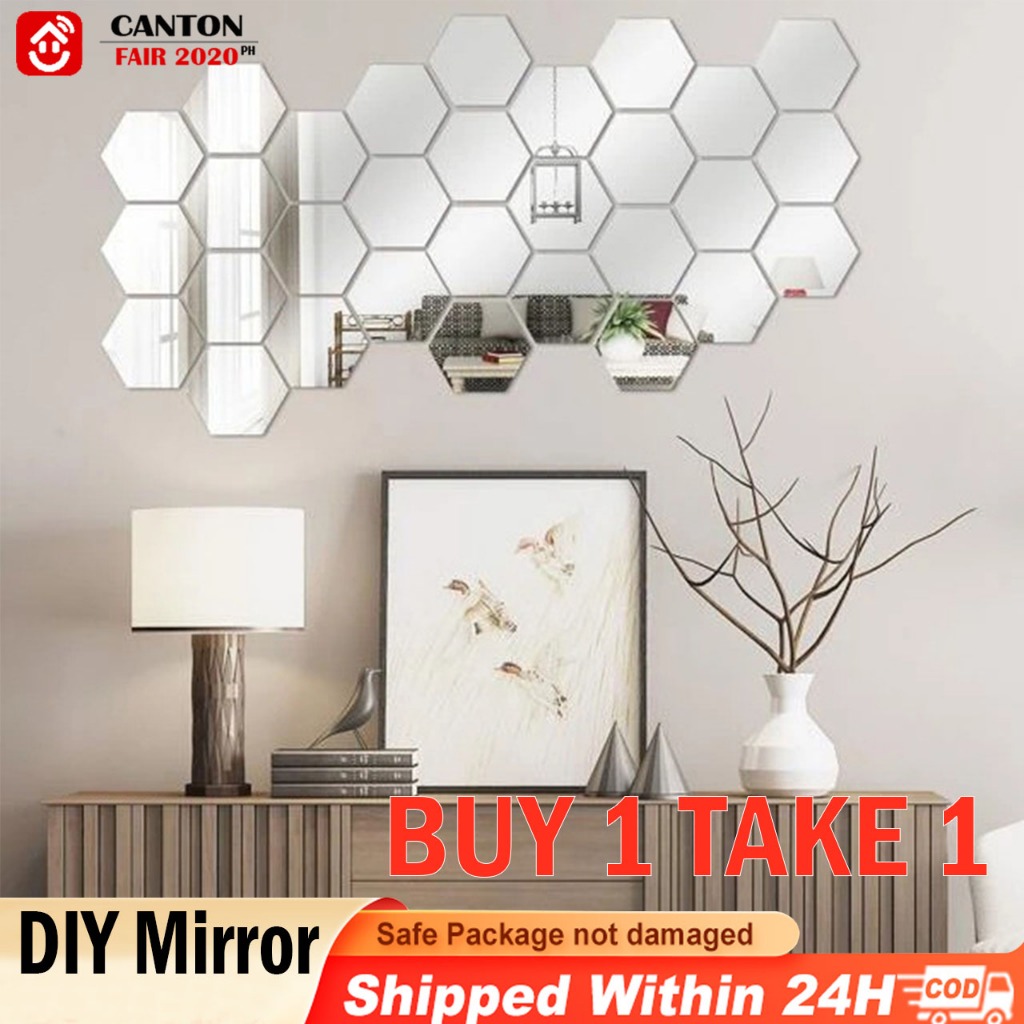 Design 3D Mirror Wall Sticker DIY Acrylic Hexagon Heart Wall Mirror ...