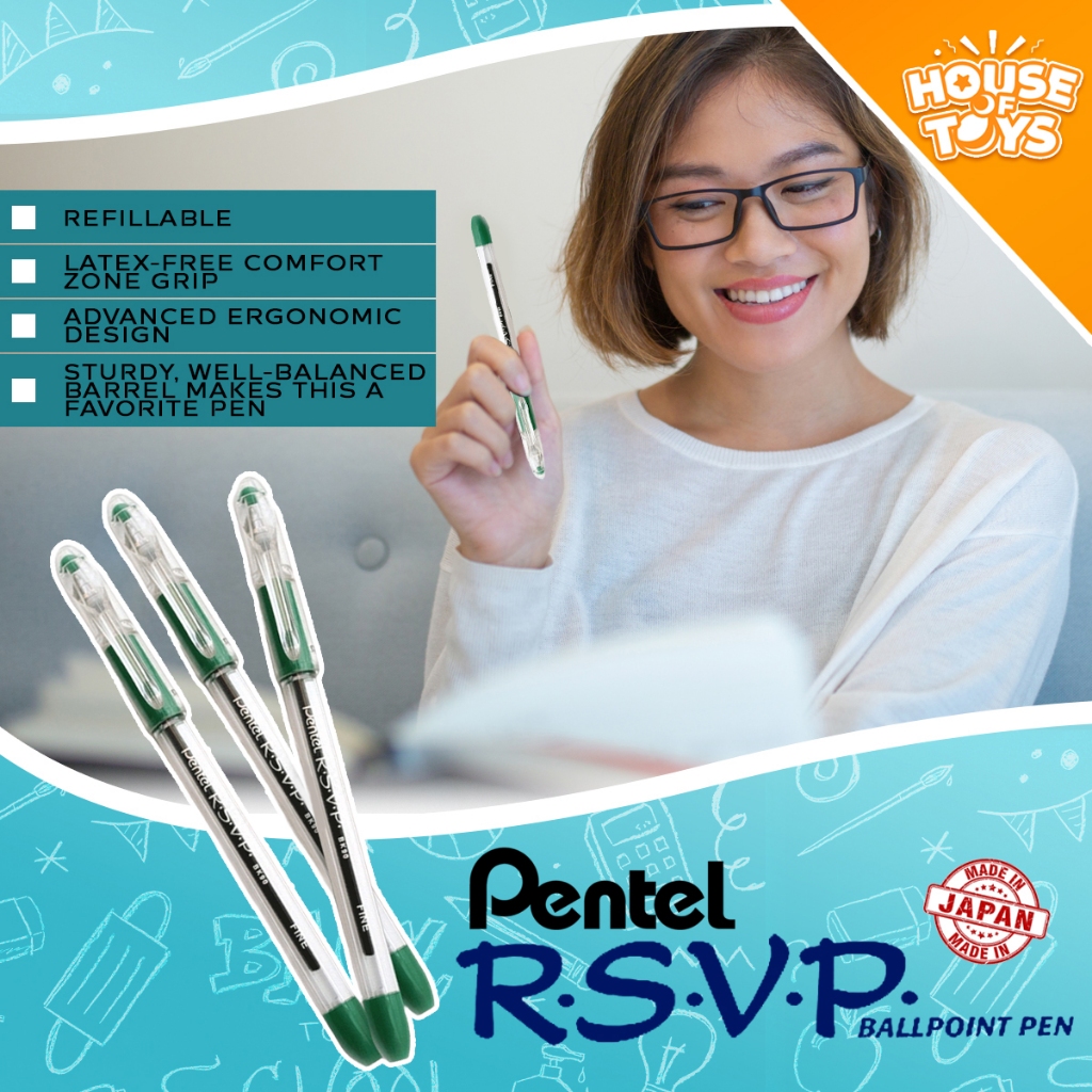Pentel RSVP Ballpen Pens Made in Japan(Green Cover - Black Color ...