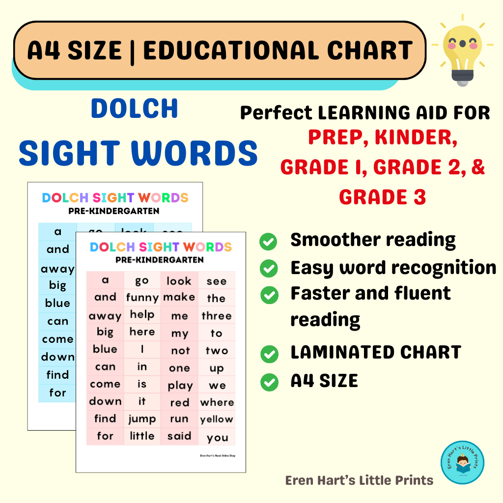 MASTER READING FASTER WITH DOLCH SIGHT WORDS CHART | A4 SIZE LAMINATED ...