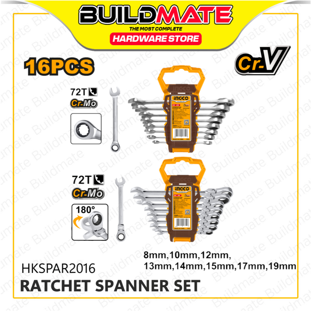 BUILDMATE Ingco 16PCS Ratchet Spanner Set Adjustable Socket Wrench ...