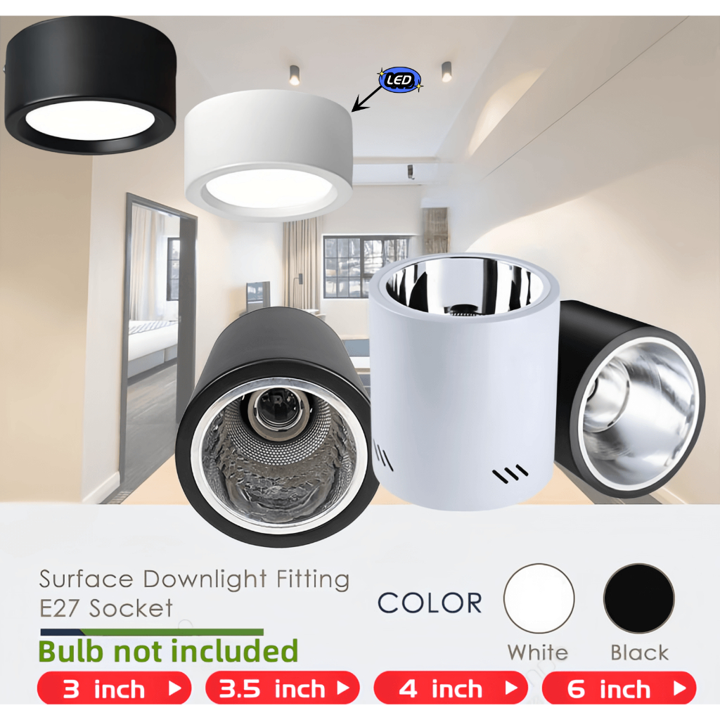 Embedded circular surface-mounted 3-inch 3.5-inch 4-inch 6-inch downlight E27/LED BK/WH housing ...