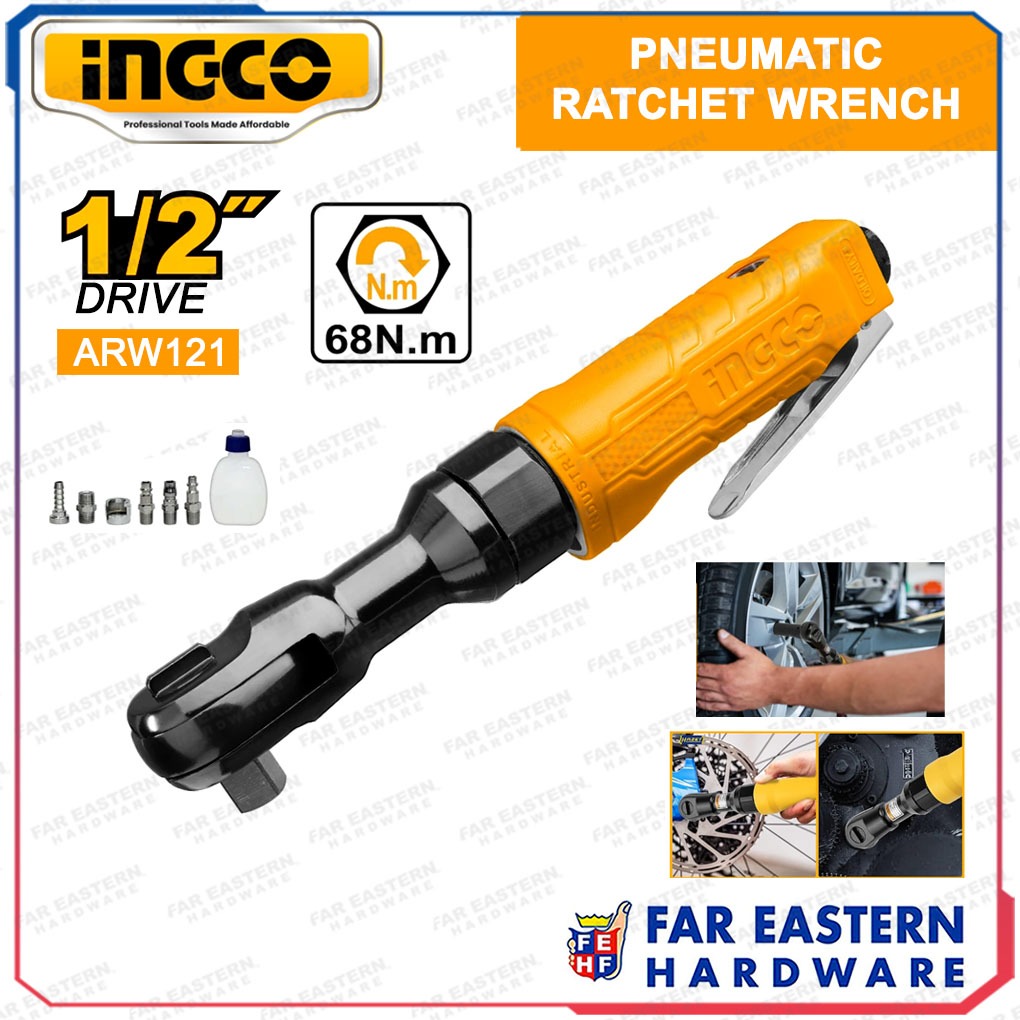 INGCO Air Ratchet Wrench Pneumatic 1/2" Drive w/ Connector Set ARW121 ...