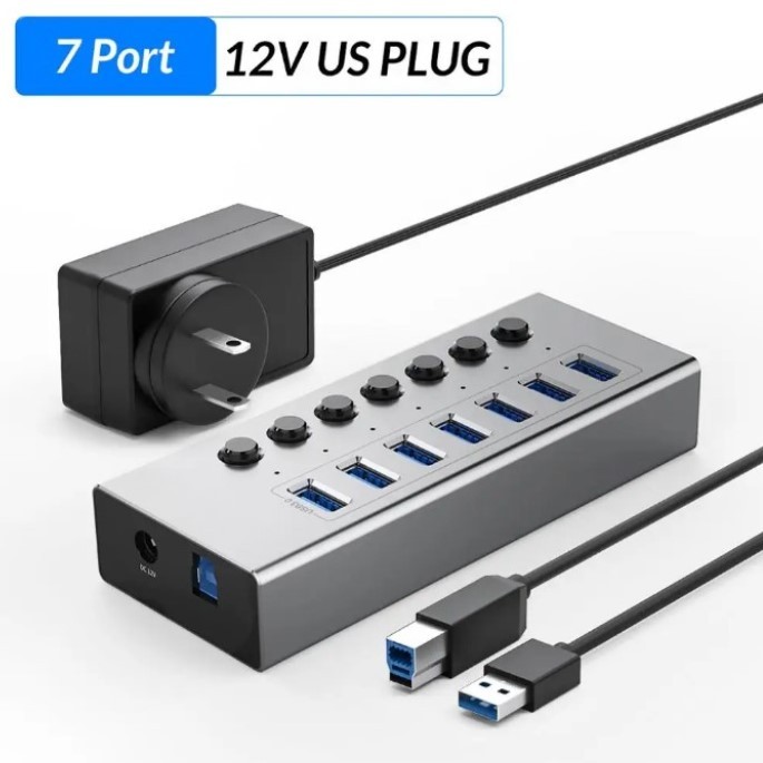 7 Port USB Hub 3.0 Multi USB Splitter Power Adapter Multiple Expander 3 ...