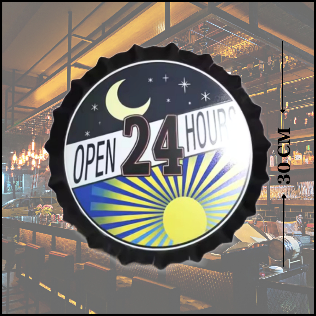 OPEN 24 HOURS Metal Bottle Cap Signage and Vintage Wall Plaque (30cm ...