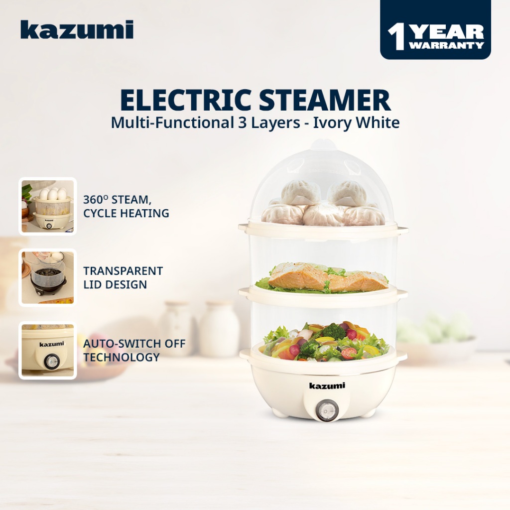 KAZUMI KZ-100 Multi-Functional Steamer 2 & 3 Layers 350W Boiler Cooker - White and Black ...