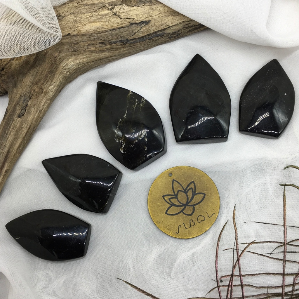 Black Obsidian Flame Figurine (Protection, Grounding) Gold Silver Sheen ...