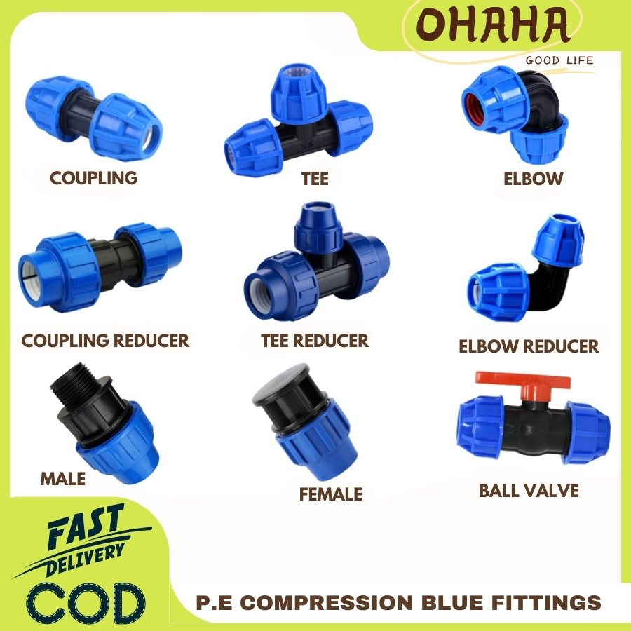 OHAHA PE PIPE COMPRESSION FITTINGS BLUE /ELBOW/TEE/MALE/FEMALE/VALVE ...