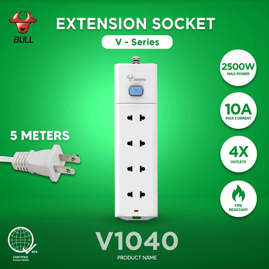 Bull Extension Socket V Series V1040 300cm/500cm Cable 4 Outlets 2500w 10A | Shopee Malaysia