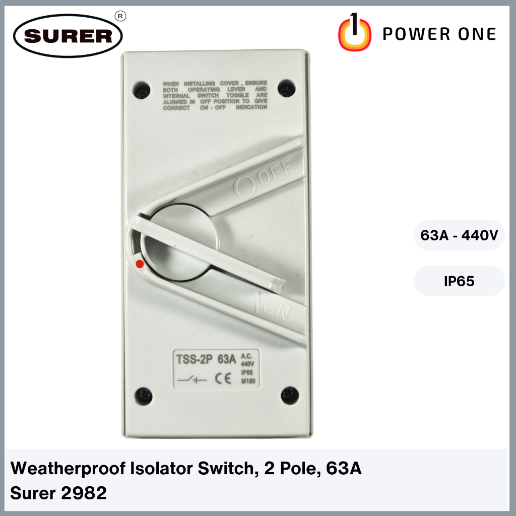Surer 2982 Weatherproof Isolator Switch, 2 Pole, 63A, IP65 | Shopee ...