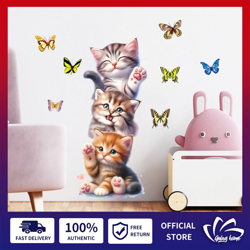 Cat Wall Decals Stickers 3D Stacked Kittens with Butterfly Wallpapers ...