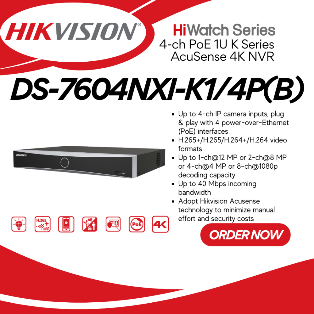 HIKVISION (DS-7604NXI-K1/4P) - 4 Channel PoE 1U K Series AcuSense 4K ...