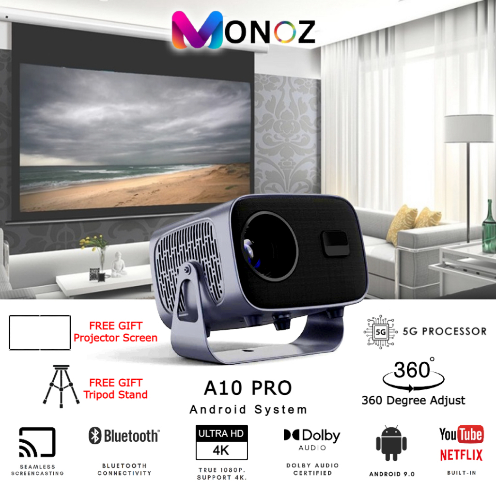 NEW 2024 MONOZ A10 Pro Smart LED Projector with 5G Dual Wi-Fi Auto ...