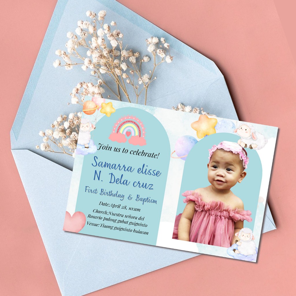 BIRTHDAY BAPTISM INVITATION CARD CUTE AESTHETIC PASTEL COLOR 3R SIZE ...