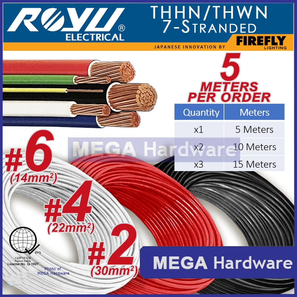 ROYU THHN/THWN-2 7 Stranded Wire ( 6, 4, 2) SOLD PER 5 METERS 14mm2 ...