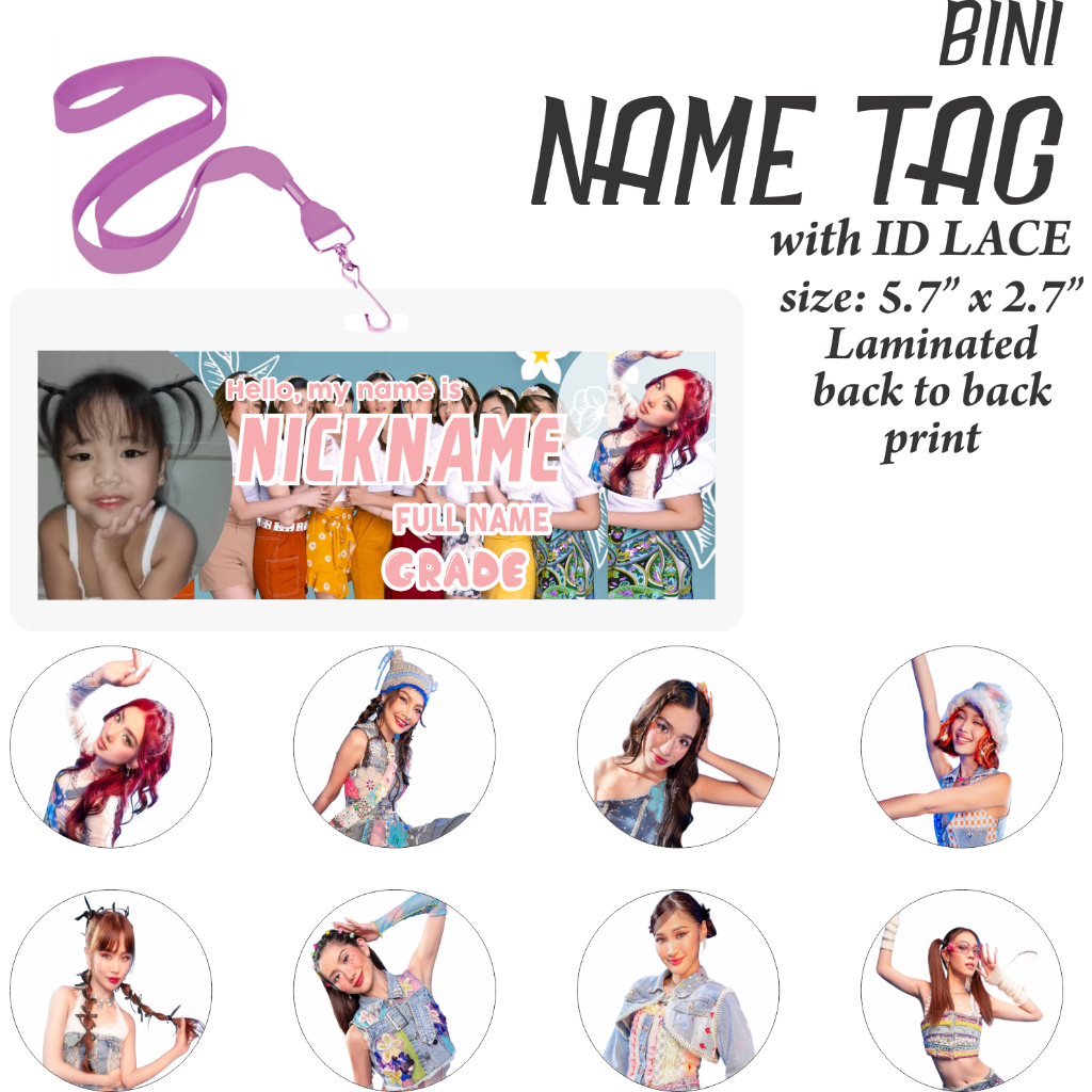 BINI MEMBERS Name Tag Personalized Back to Back Laminated with ID lace ...