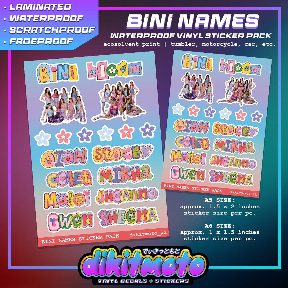 [dikitmoto] BINI NAMES STICKER PACK Aiah Colet Maloi Gwen Stacey Mikha ...