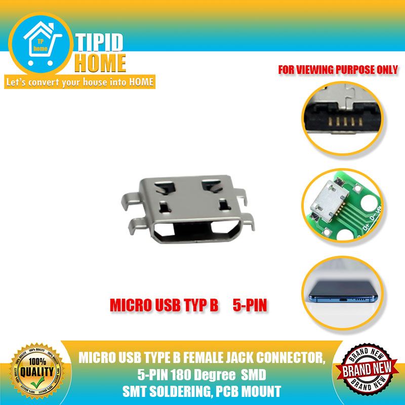 MICRO USB TYPE B FEMALE JACK CONNECTOR, 5-PIN 180 Degree SMD SMT ...
