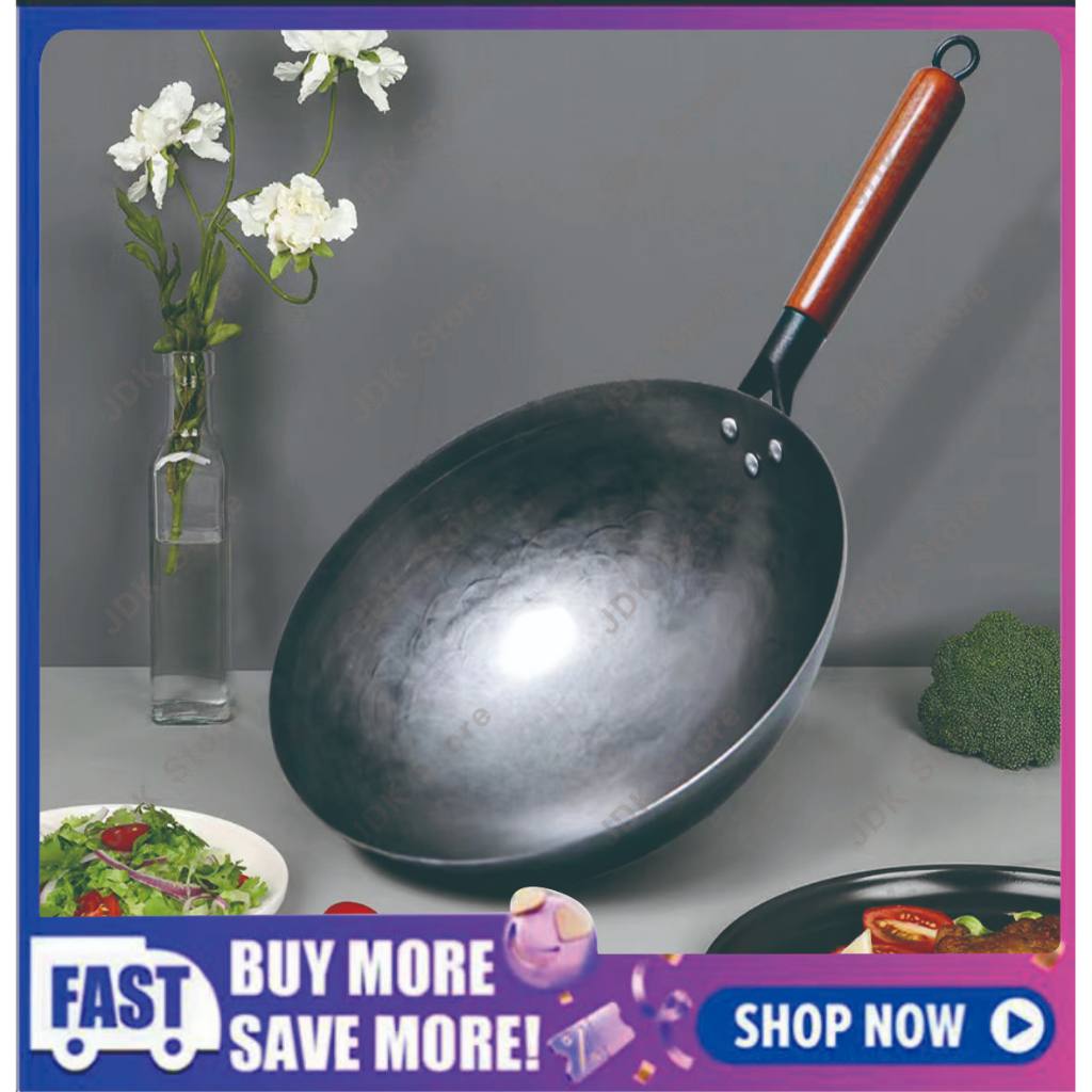 Full Seasoned Carbon Steel Wok Pan (Heavy duty) 32cm 36cm 38cm | Shopee Malaysia