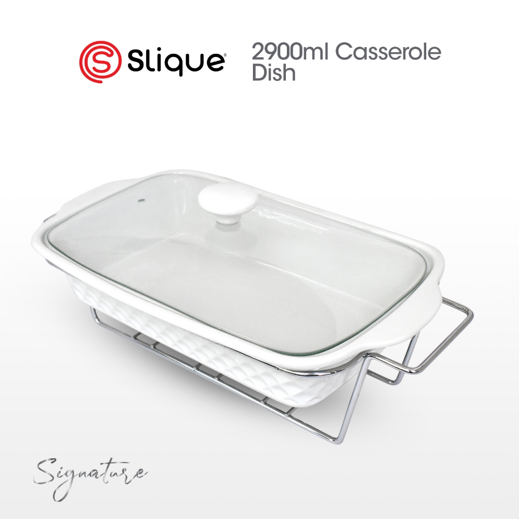 SLIQUE Ceramic Rectangular Serving Dish w/ Glass Lid and Metal Stand w ...